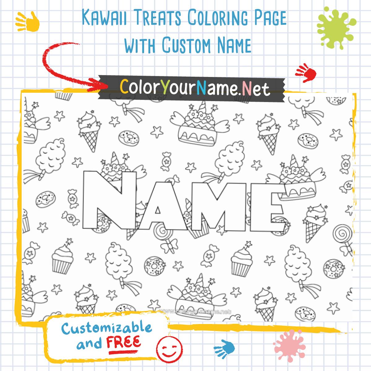 Kawaii Treats Coloring Page with Custom Name