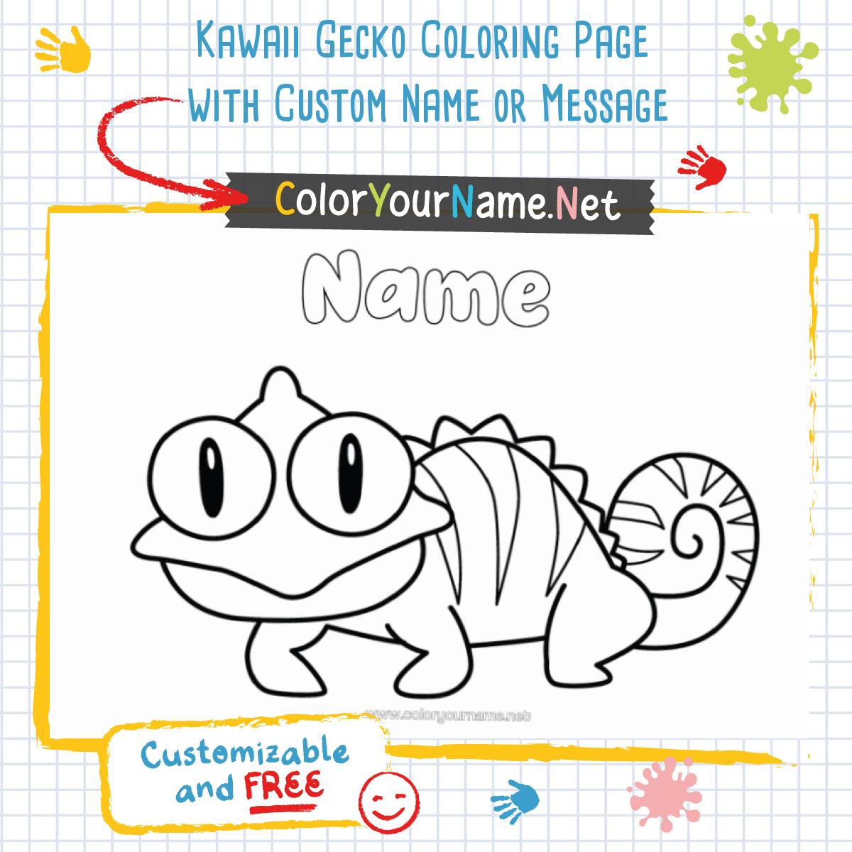 Kawaii Gecko Coloring Page with Custom Name or Message