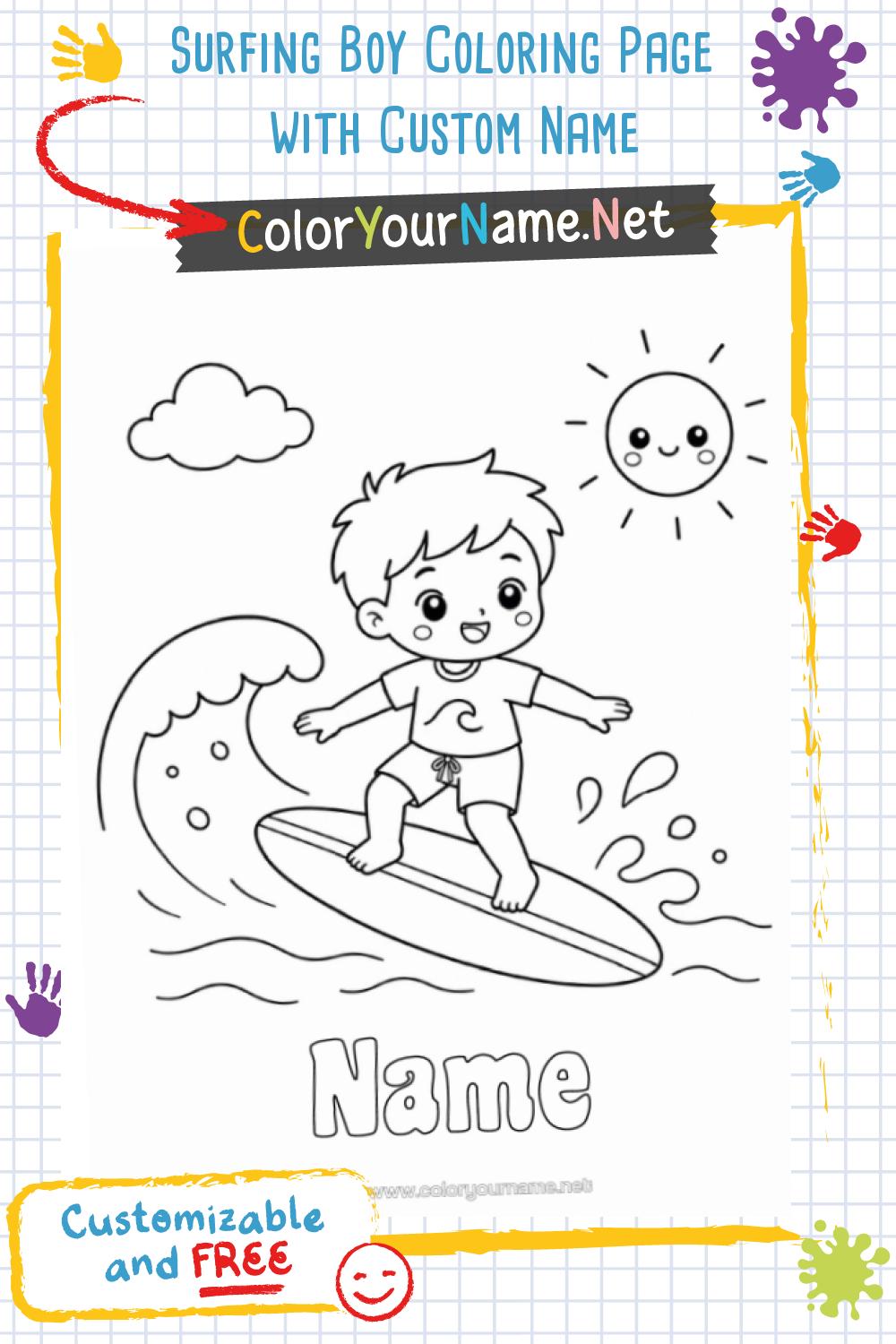 Surfing Boy Coloring Page with Custom Name