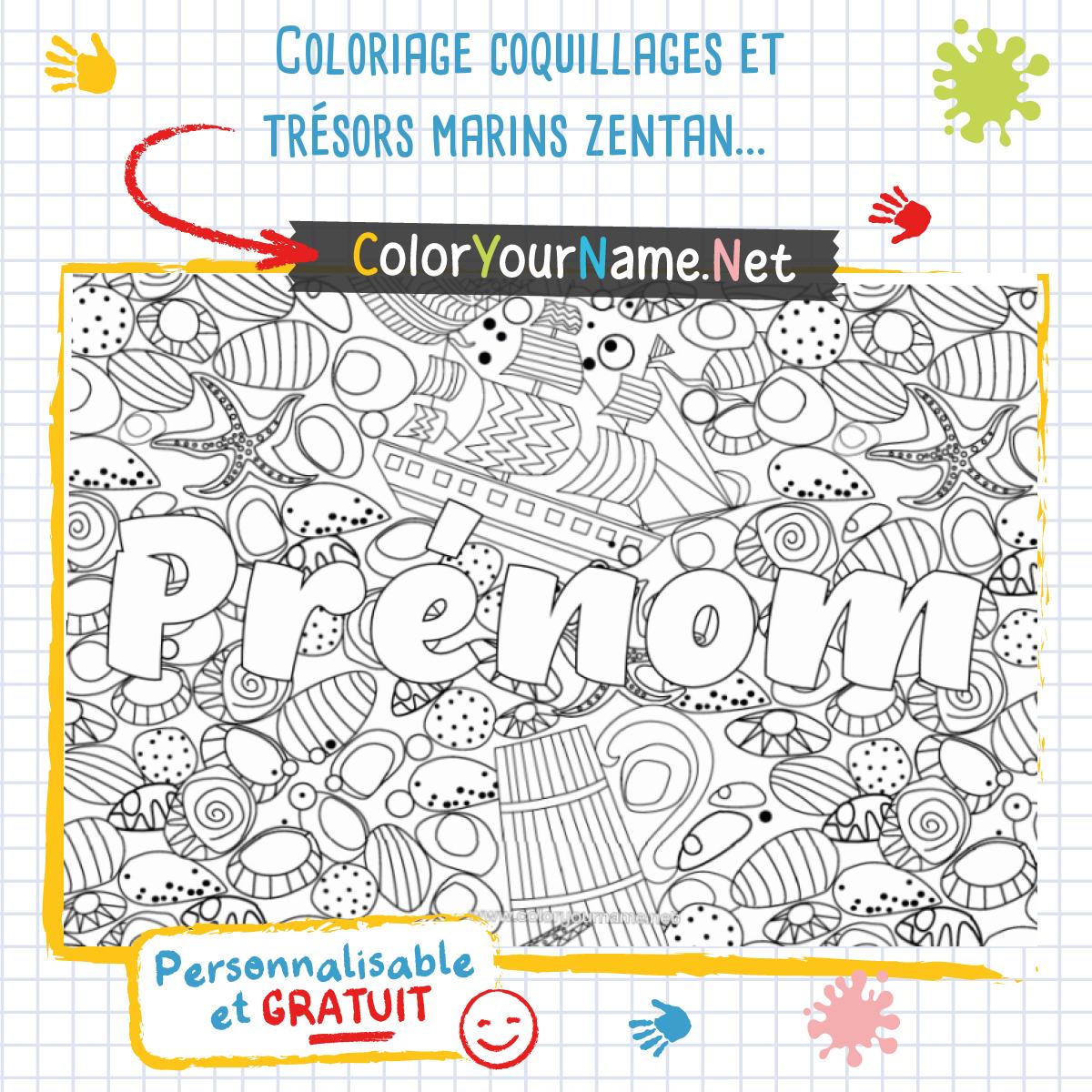 Coloriage coquillages et trésors marins zentangle avec prénom ...