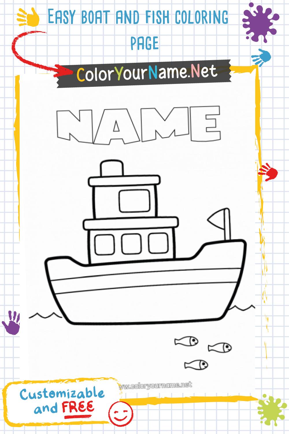 Easy boat and fish coloring page