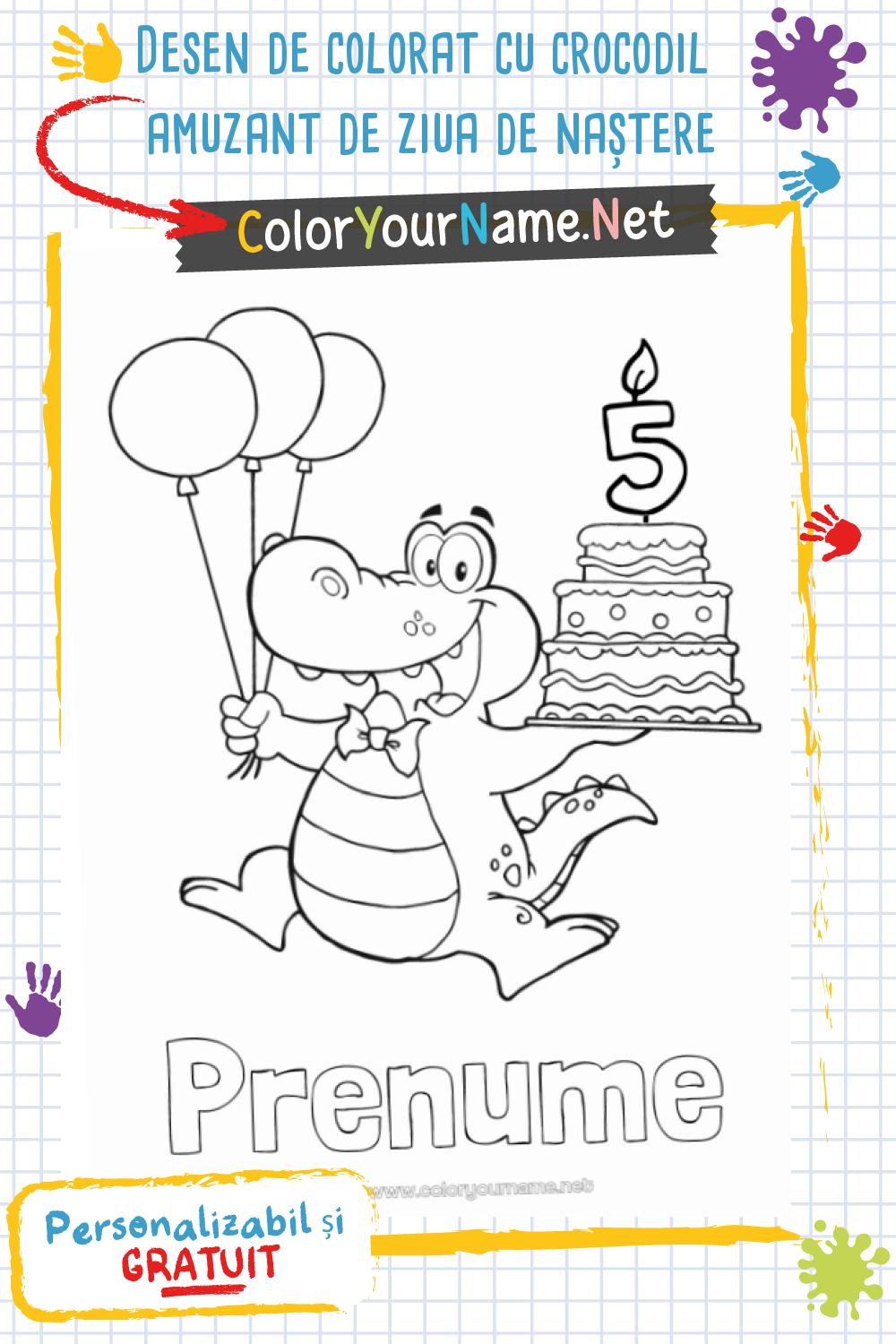 Desen de colorat cu crocodil amuzant de ziua de naștere
