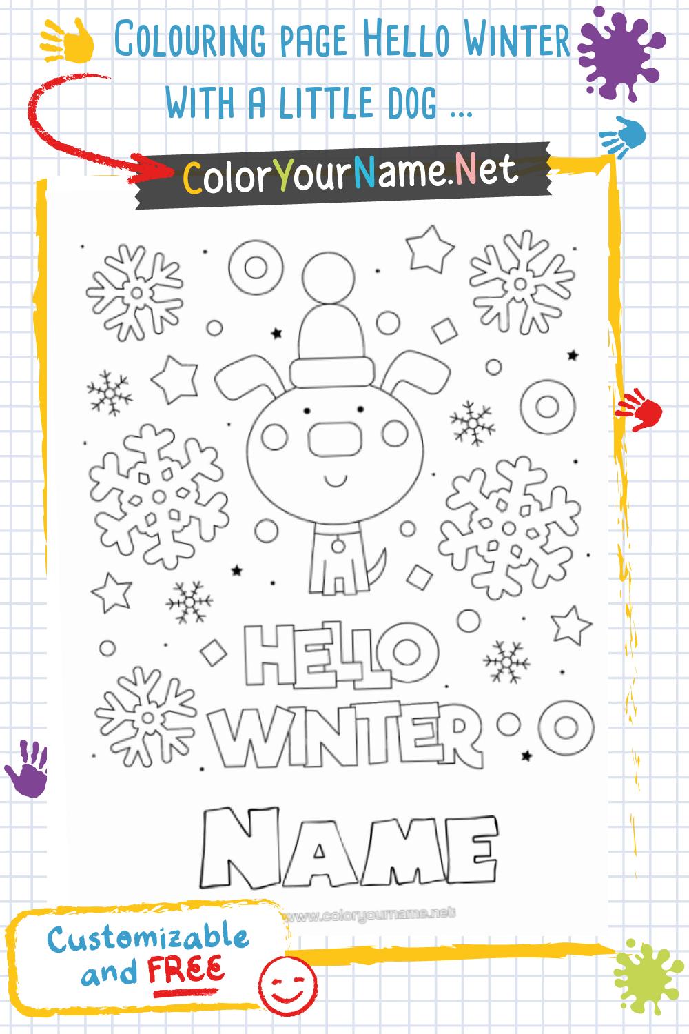 Colouring page Hello Winter with a little dog and snowflakes