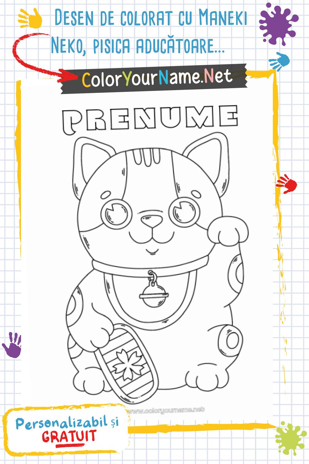 Desen de colorat cu Maneki Neko, pisica aducătoare de noroc.