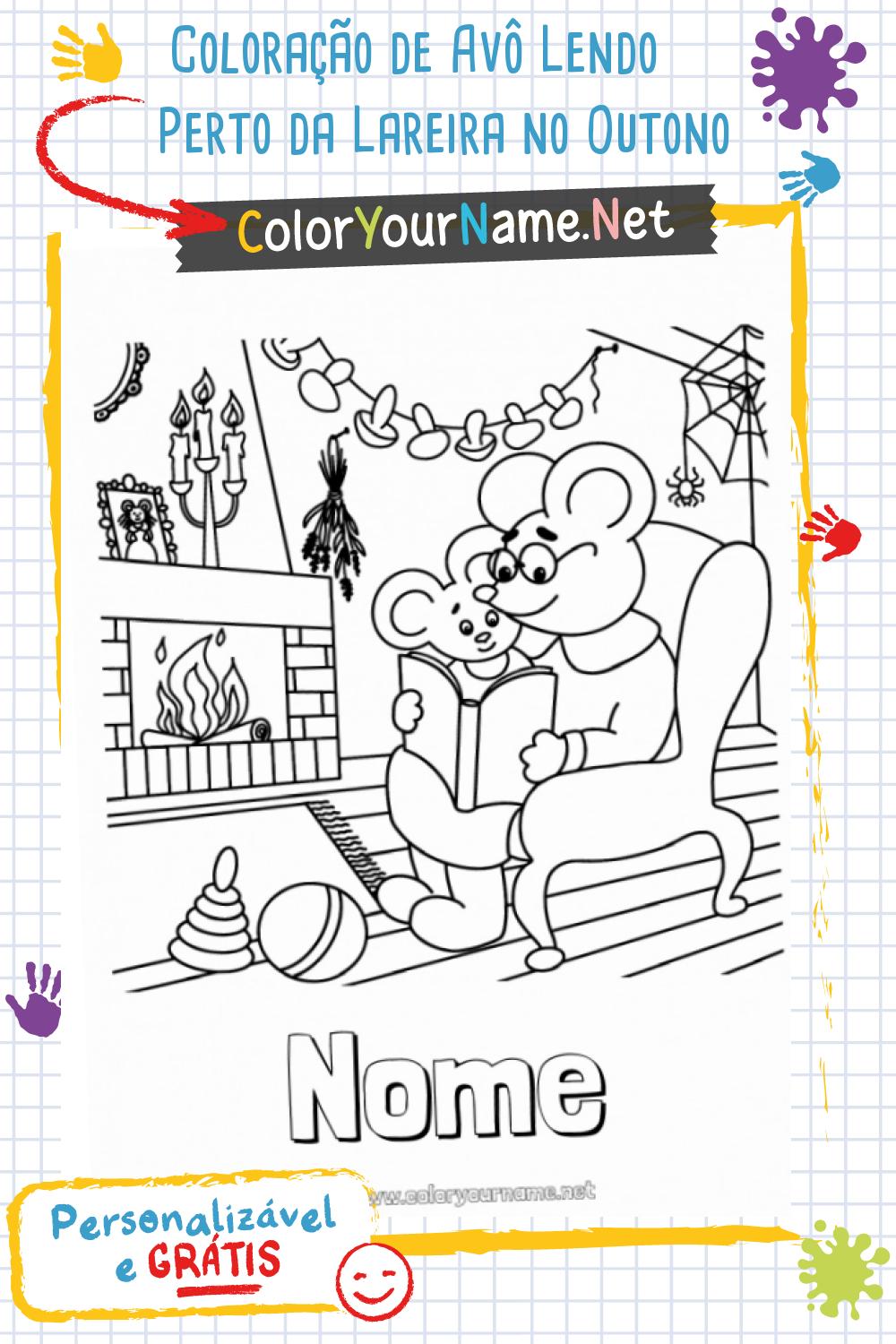 Coloração de Avô Lendo Perto da Lareira no Outono