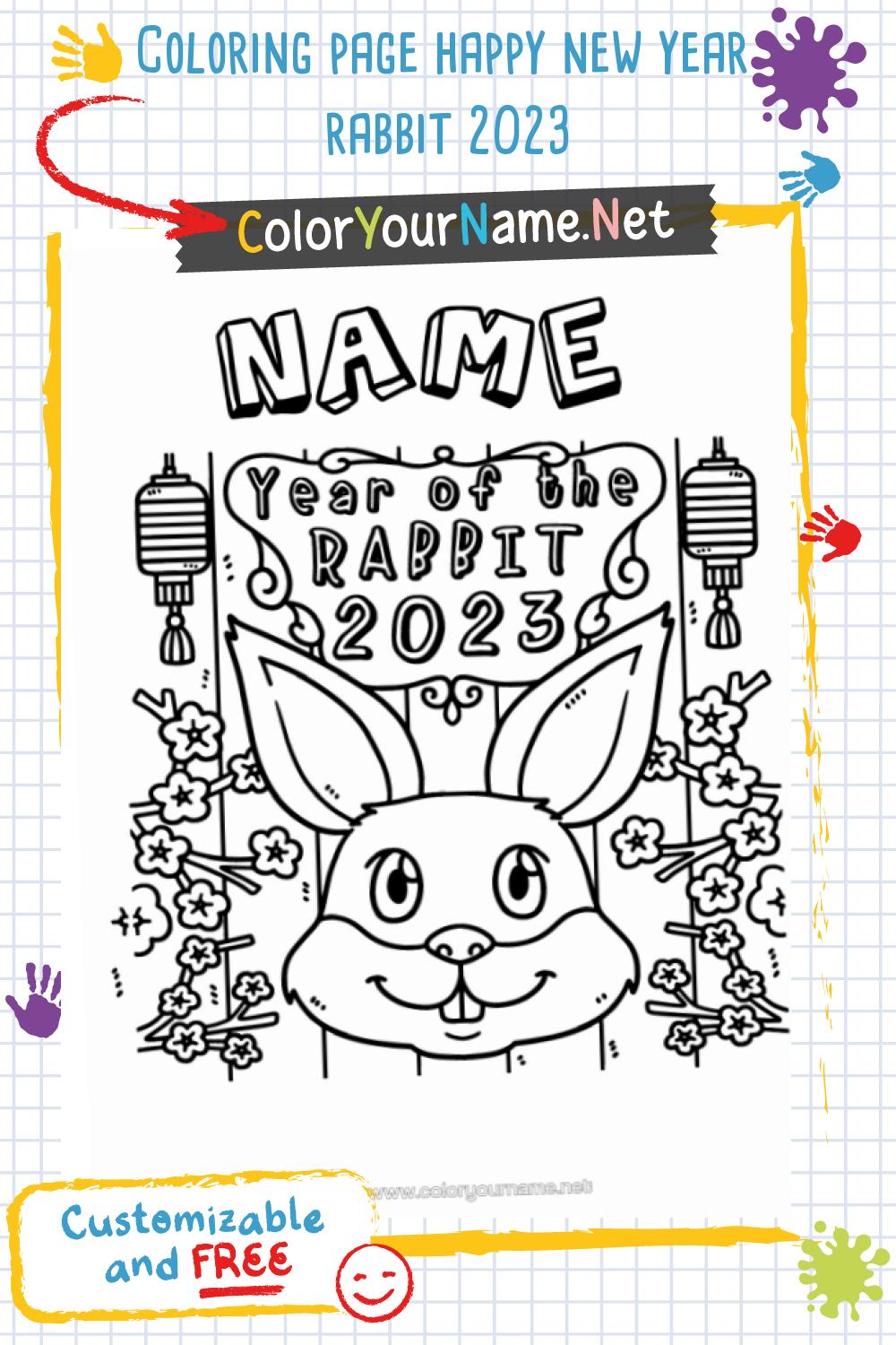Coloring page happy new year rabbit 2023