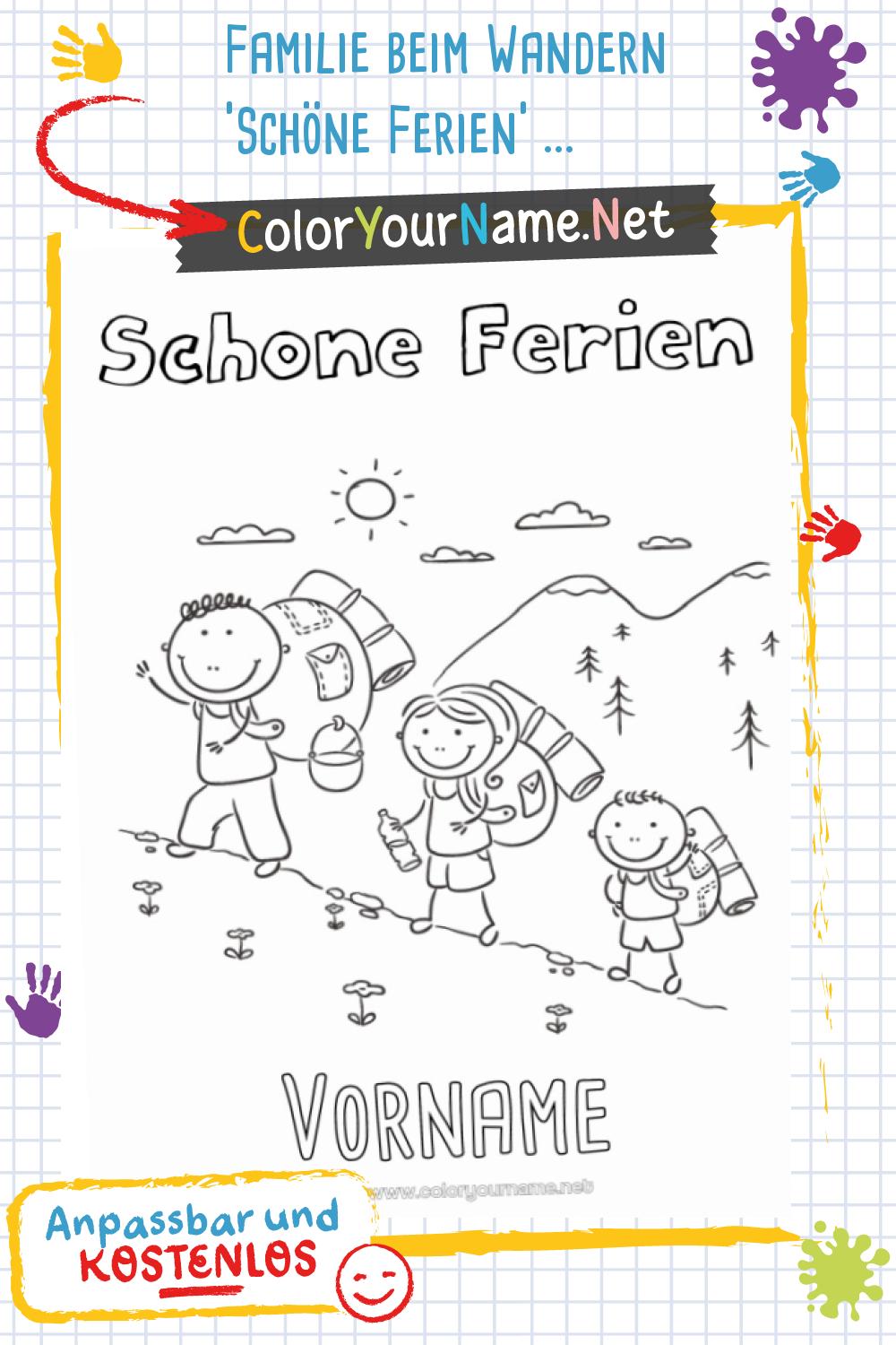 Familie beim Wandern 'Schöne Ferien' zum Ausmalen