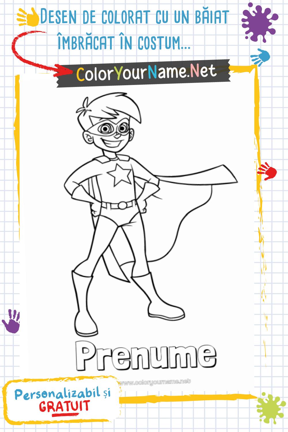 Desen de colorat cu un băiat îmbrăcat în costum de supererou.