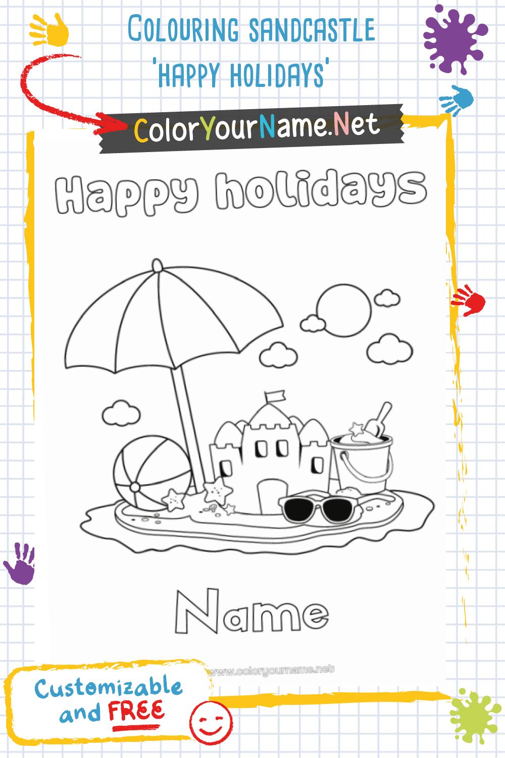 Colouring sandcastle 'happy holidays'