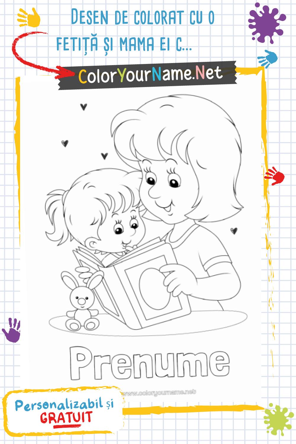 Desen de colorat cu o fetiță și mama ei care citește o poveste.