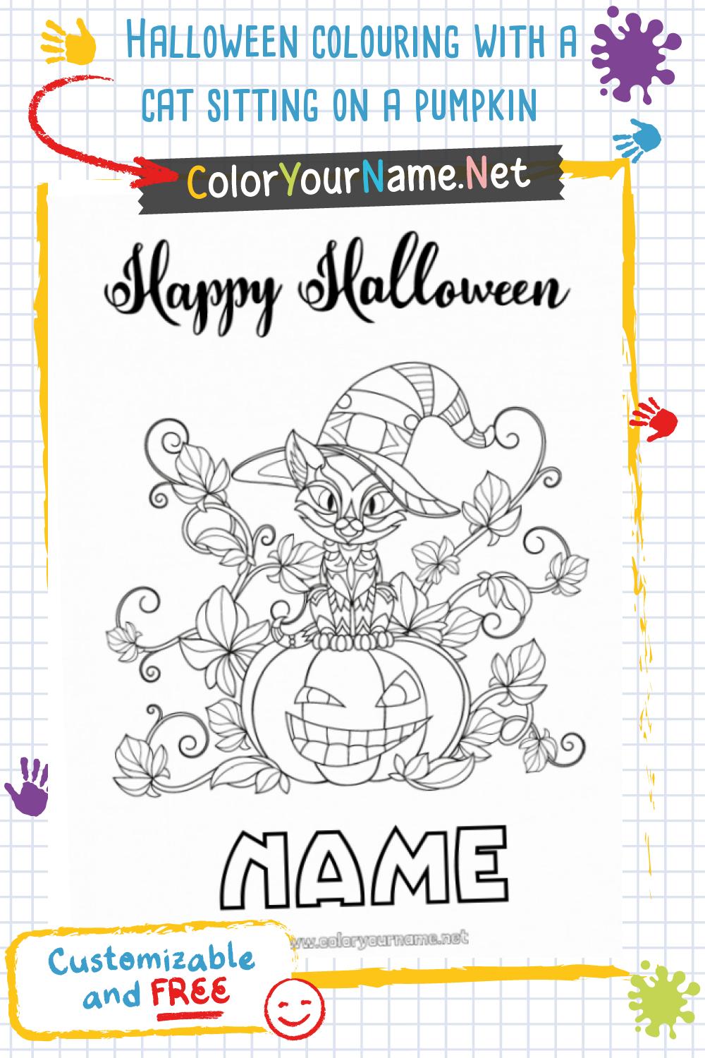 Halloween colouring with a cat sitting on a pumpkin
