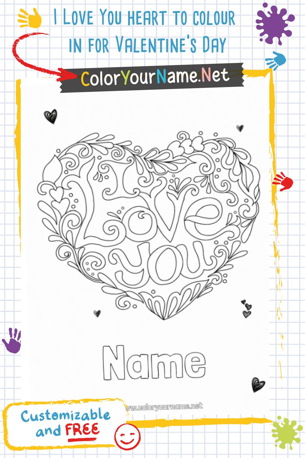I Love You heart to colour in for Valentine's Day