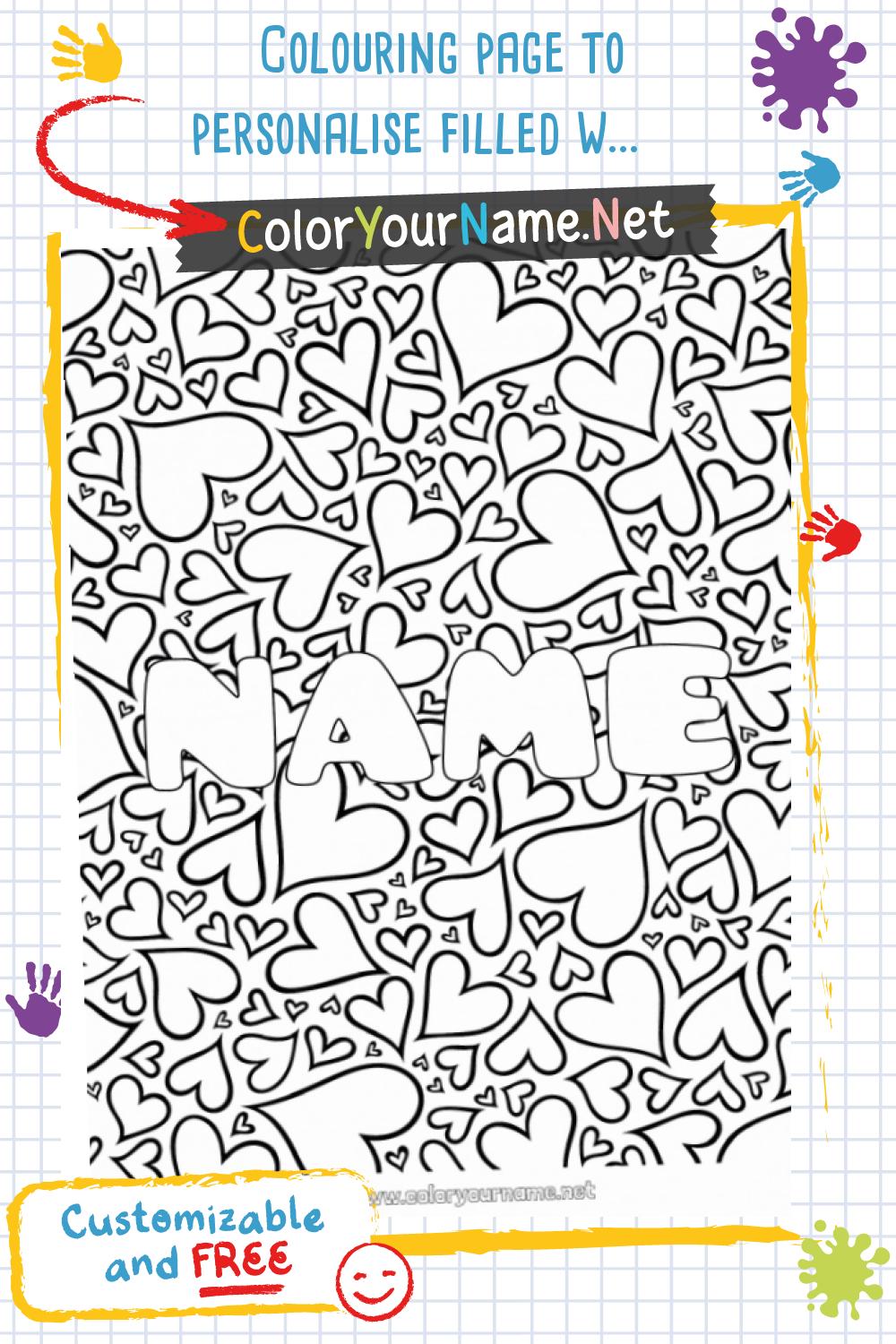 Colouring page to personalise filled with little hearts