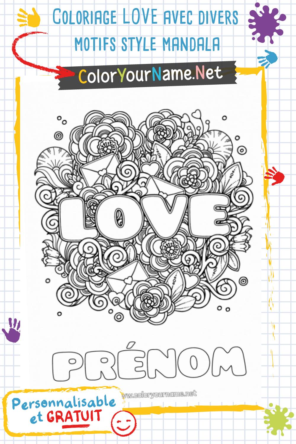 Coloriage LOVE avec divers motifs style mandala