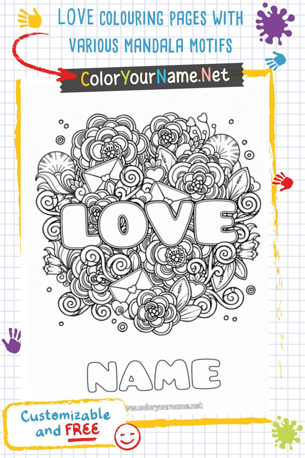 LOVE colouring pages with various mandala motifs
