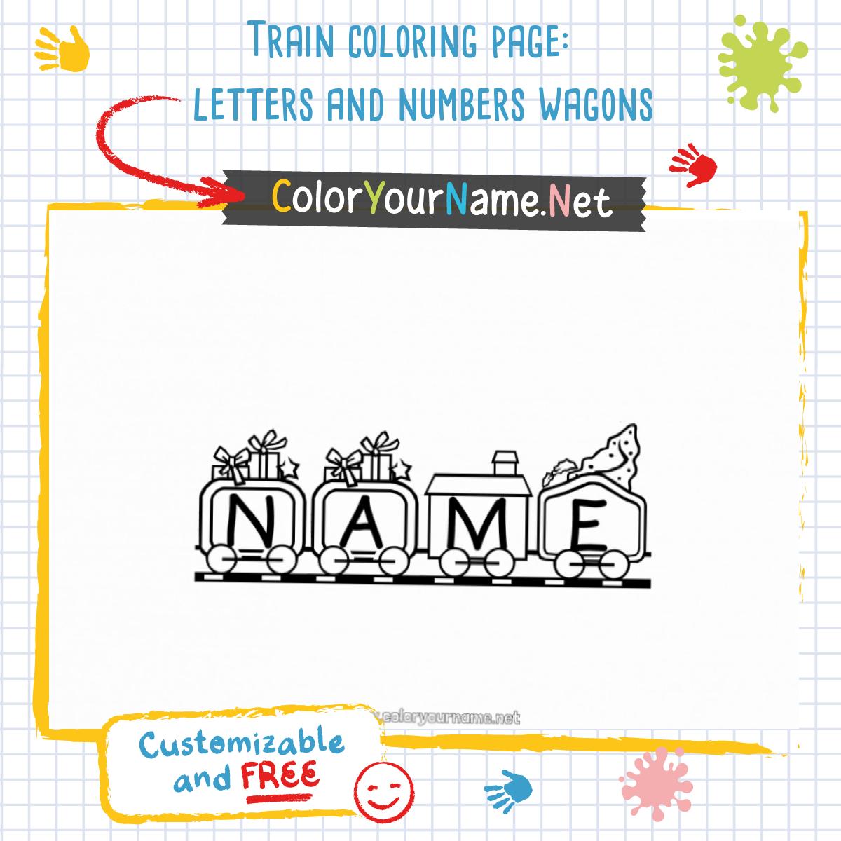 Train coloring page: letters and numbers wagons