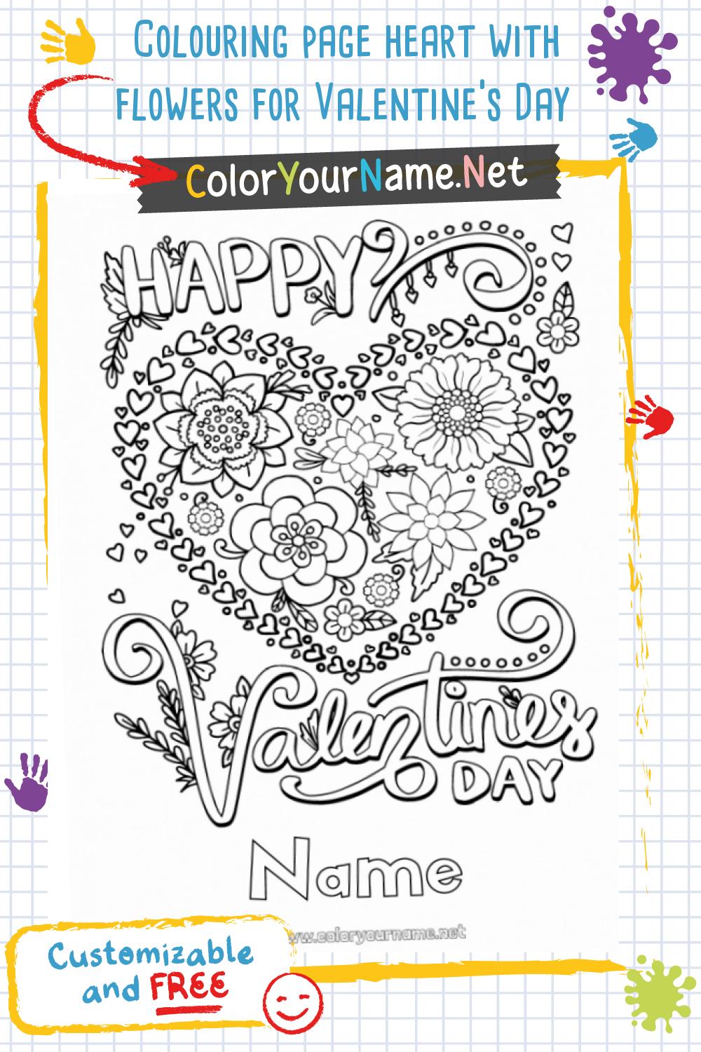 Colouring page heart with flowers for Valentine's Day