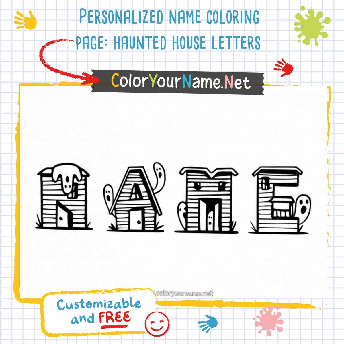 Personalized name coloring page: haunted house letters