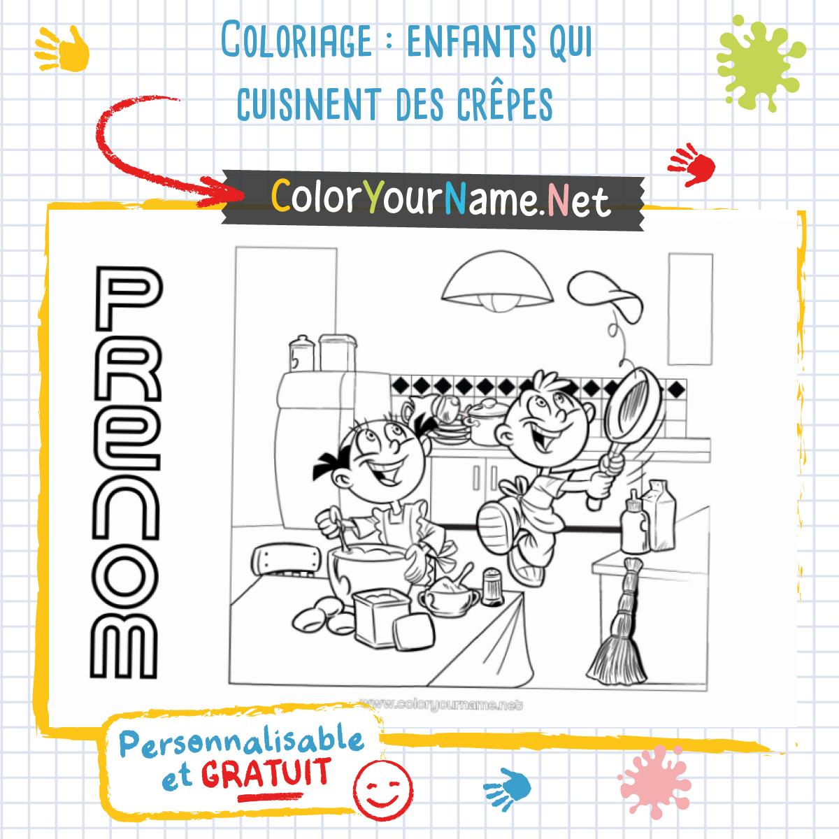 Coloriage : enfants qui cuisinent des crêpes