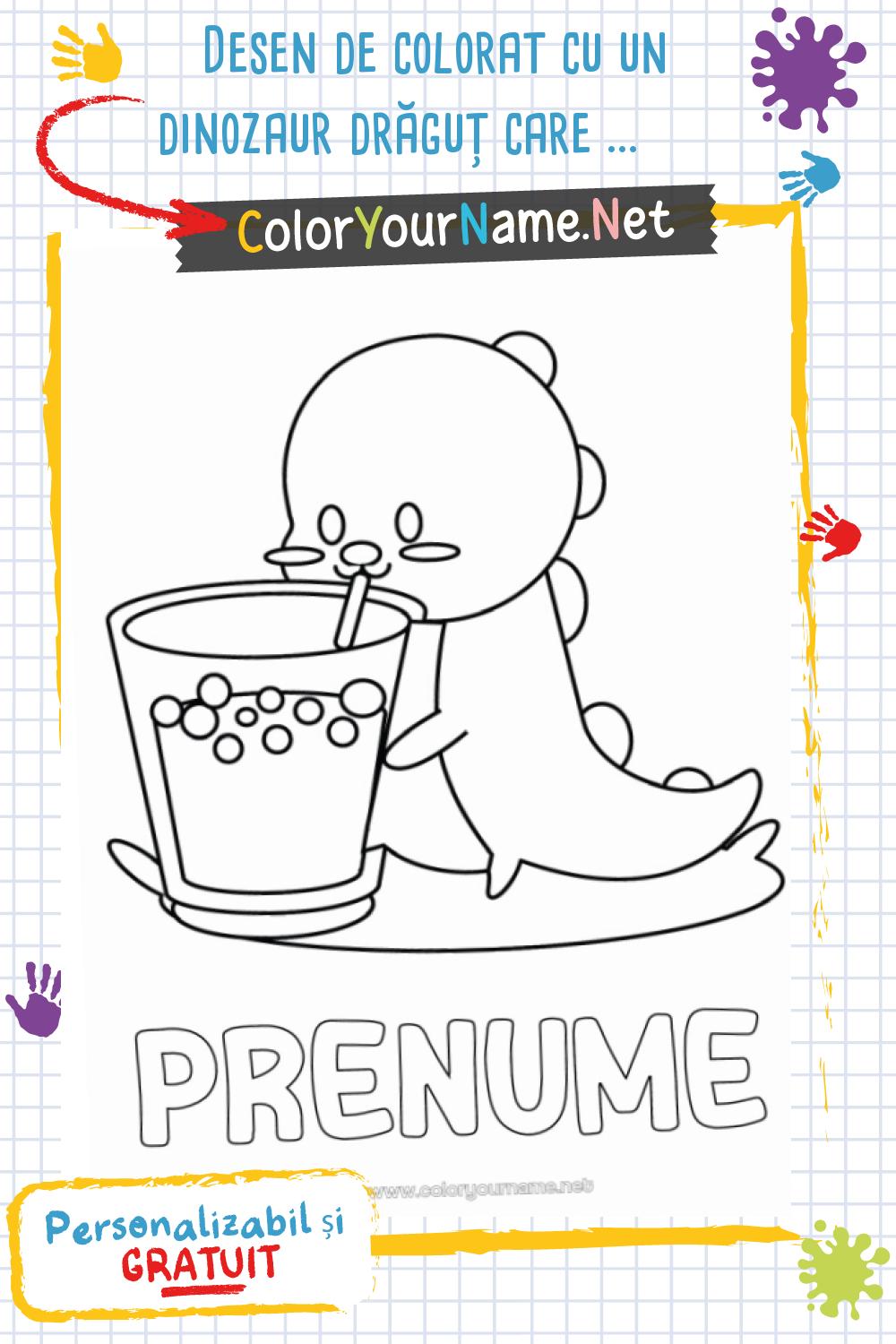 Desen de colorat cu un dinozaur drăguț care bea un suc.