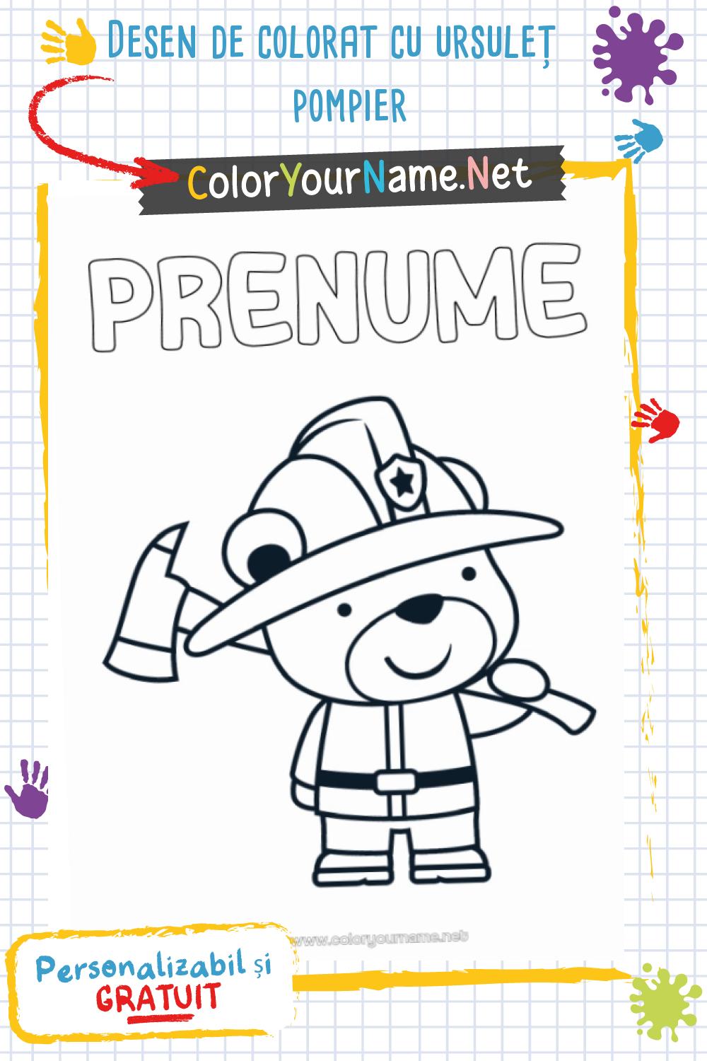Desen de colorat cu ursuleț pompier