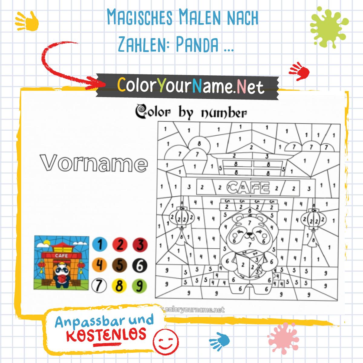 Magisches Malen nach Zahlen: Panda vor asiatischem Café