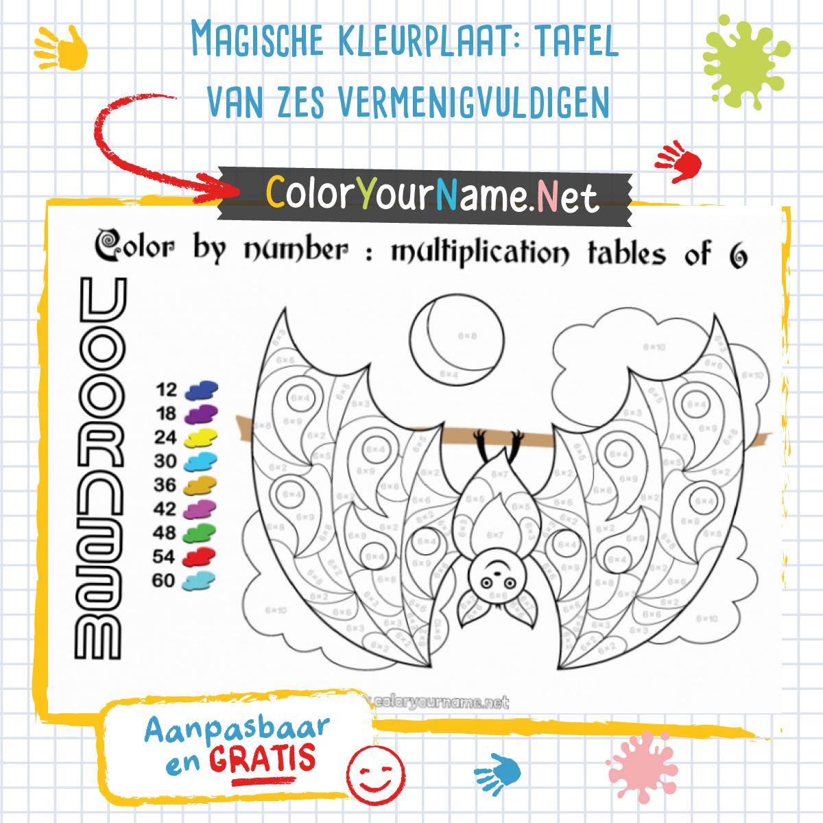 Magische kleurplaat: tafel van zes vermenigvuldigen