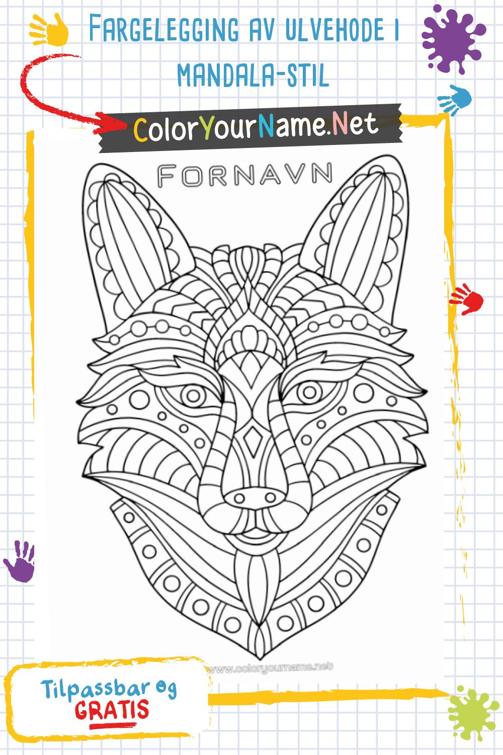 Fargelegging av ulvehode i mandala-stil