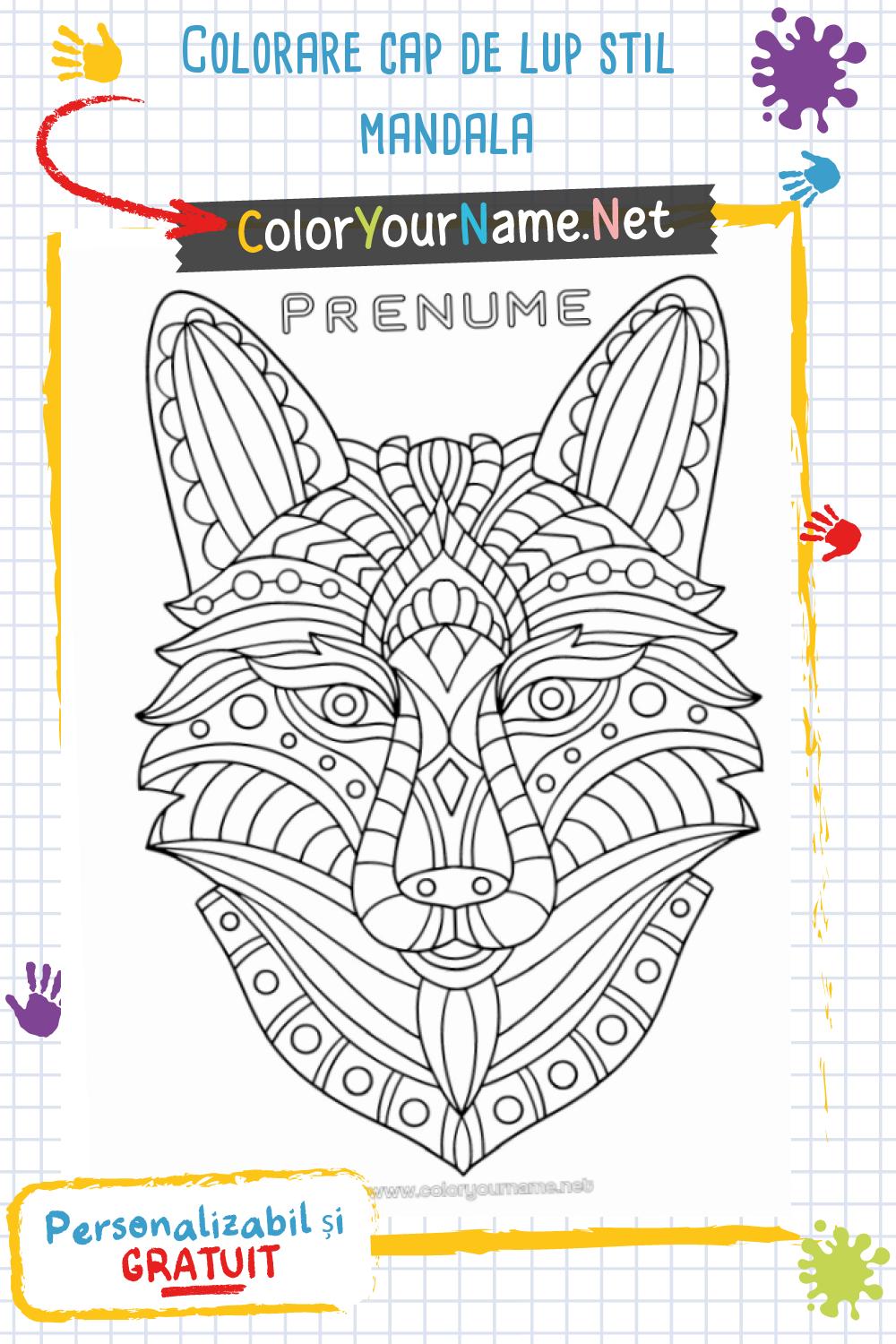 Colorare cap de lup stil mandala