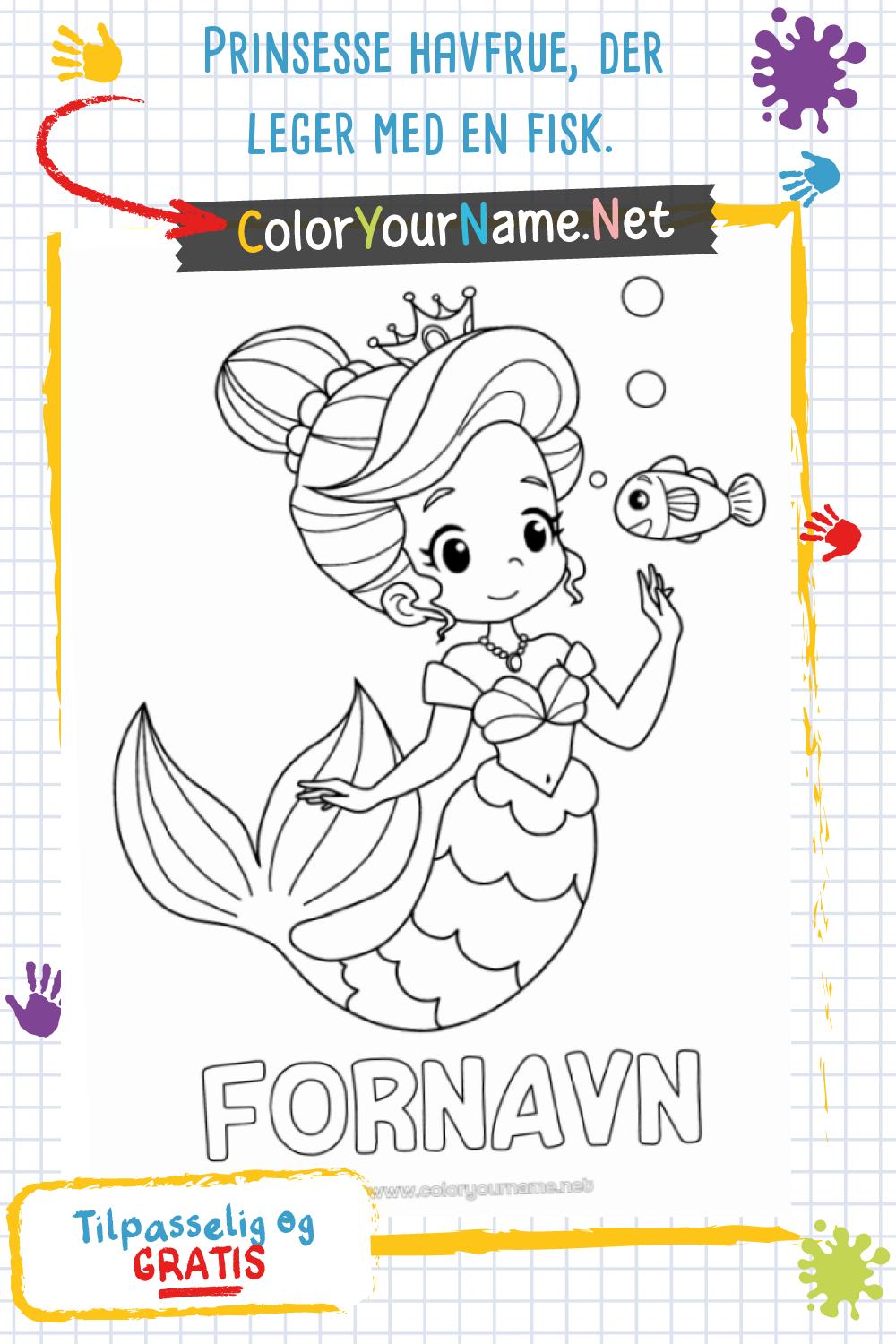 Prinsesse havfrue, der leger med en fisk.