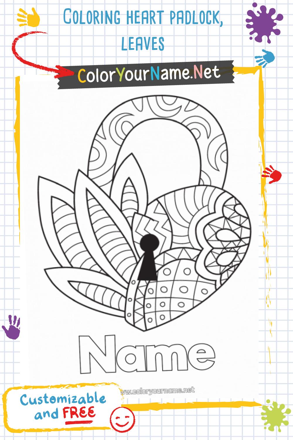 Coloring heart padlock, leaves