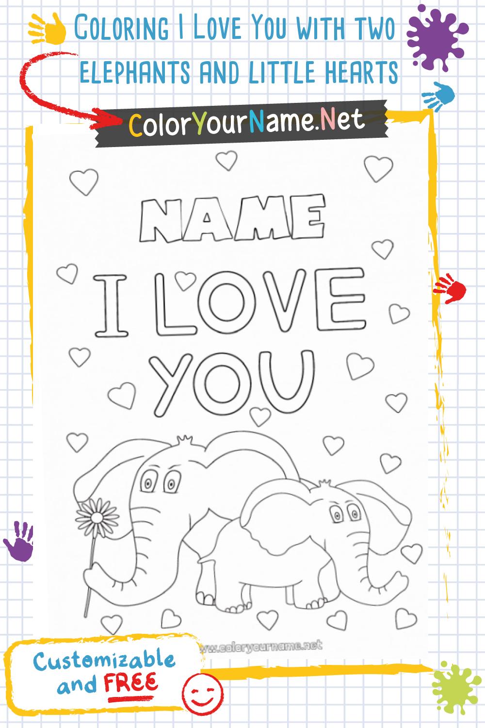 Coloring I Love You with two elephants and little hearts