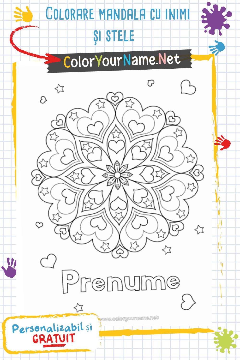 Colorare mandala cu inimi și stele