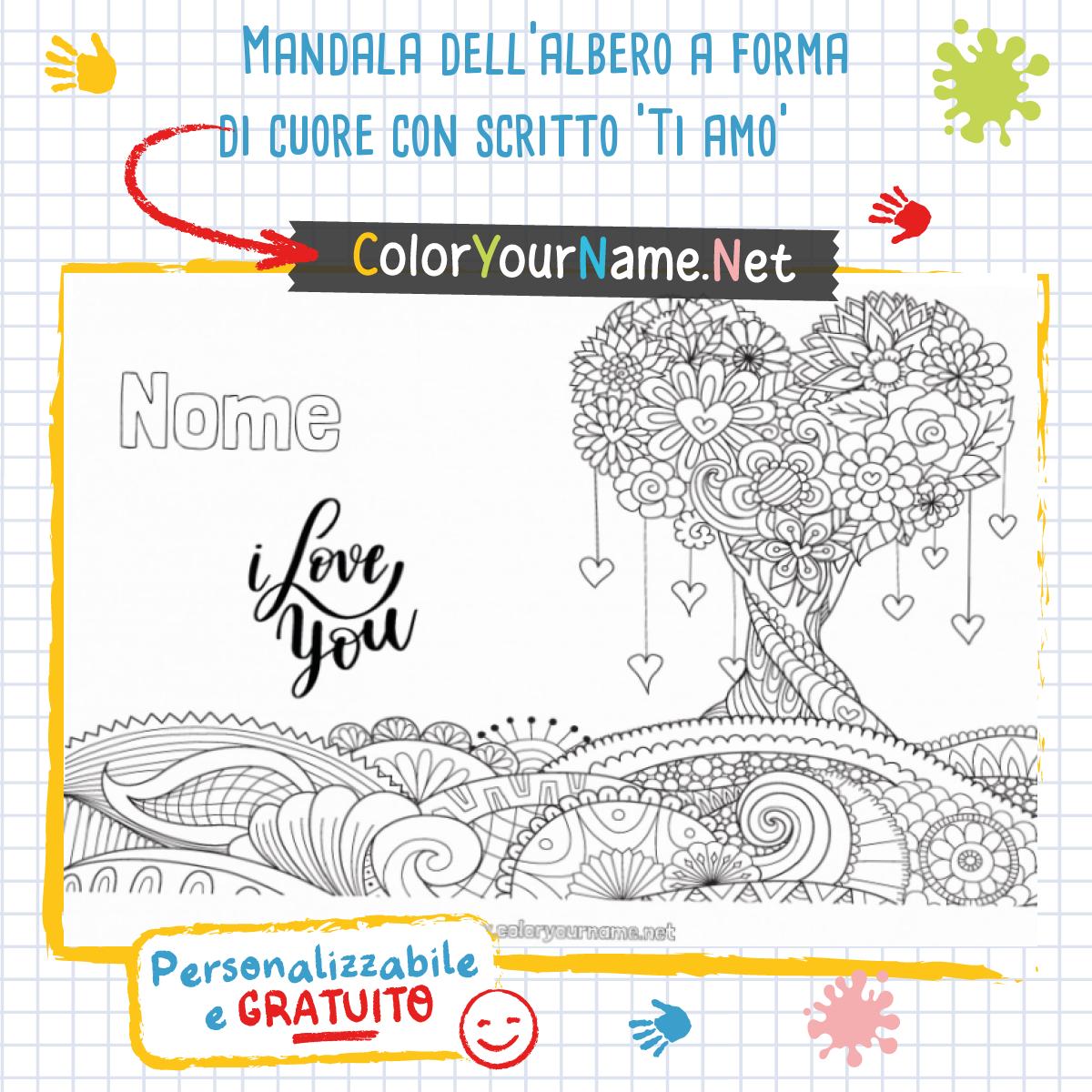 Mandala dell'albero a forma di cuore con scritto 'Ti amo'